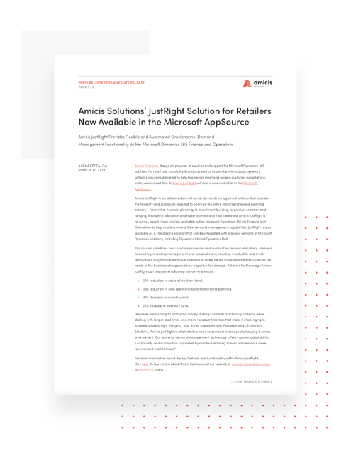 Amicis Solutions’ JustRight solution for retailers now available in the Microsoft AppSource